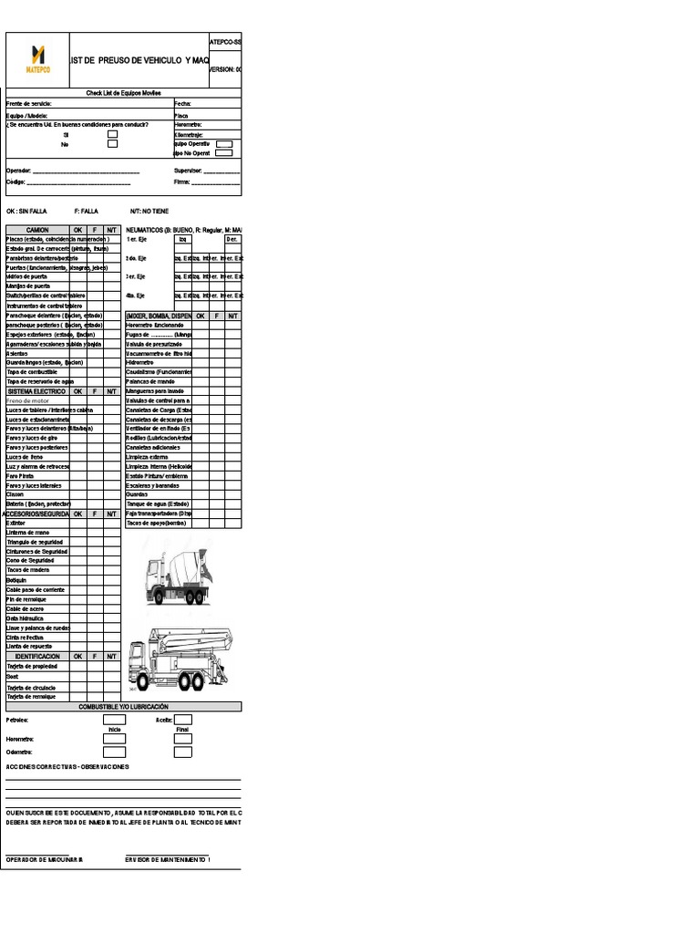 Check List de Pre Uso de Vehiculo o Maquinarias | Descargar gratis PDF | Vehículo de motor ...