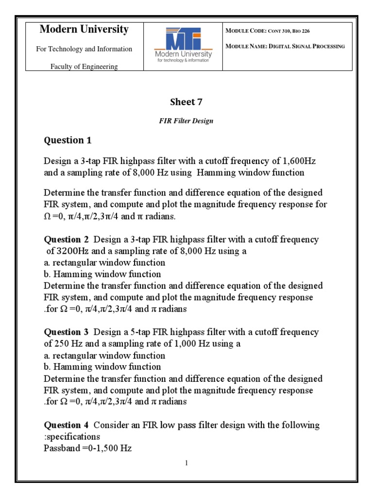 Sheet 7 DSP | PDF | Filter (Signal Processing) | Electricity