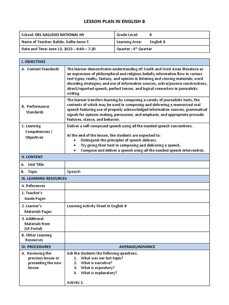 Lesson Plan in English 8 | PDF | Nonverbal Communication | Speech