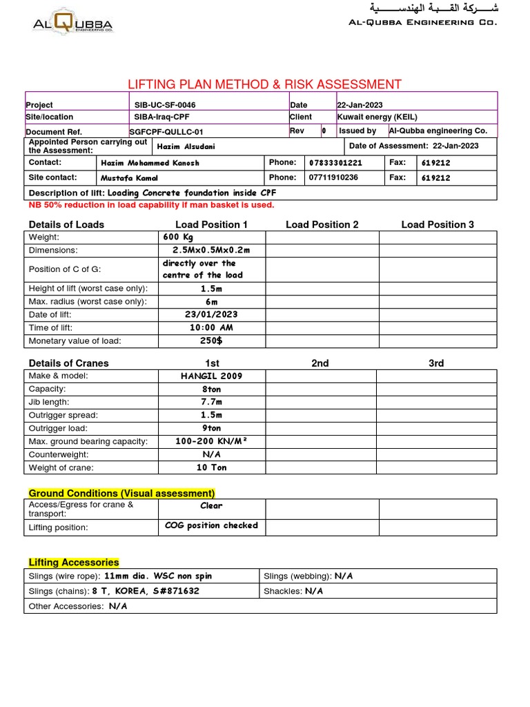 LIFTING PLAN METHOD & RISK ASSESSMENT SGFCPF-QULLC-01 A | PDF | Crane ...
