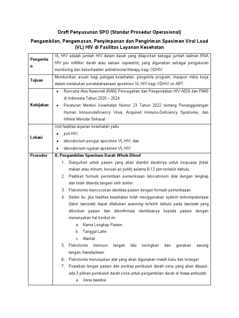 SOP Pengambilan, Pengemasan, Penyimpanan dan Pengiriman Spesimen Viral Load (VL) | PDF