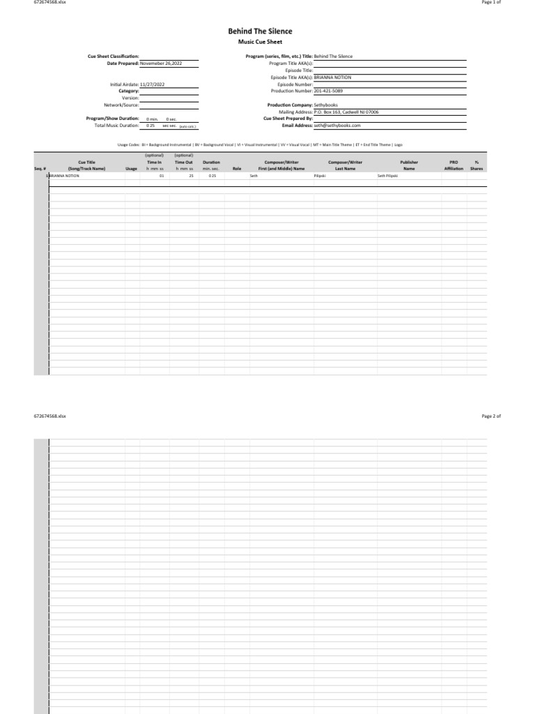 Cue Sheet Template Template | PDF