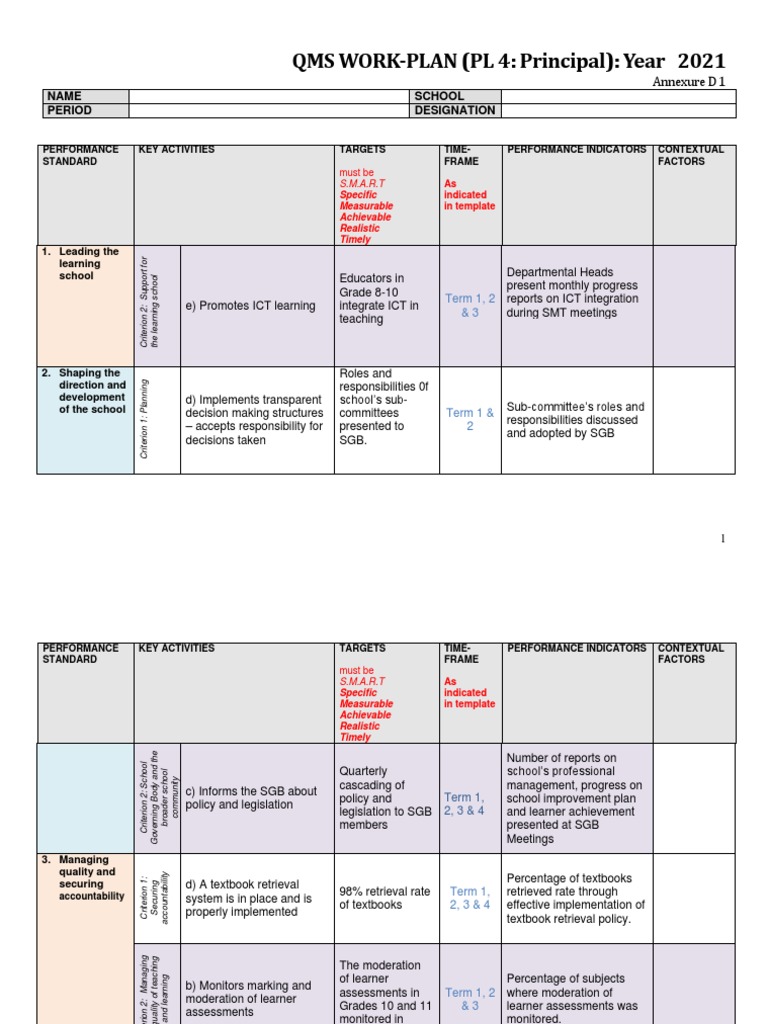Principal QMS WorkPLan ExamplePP 18oct2020 | PDF