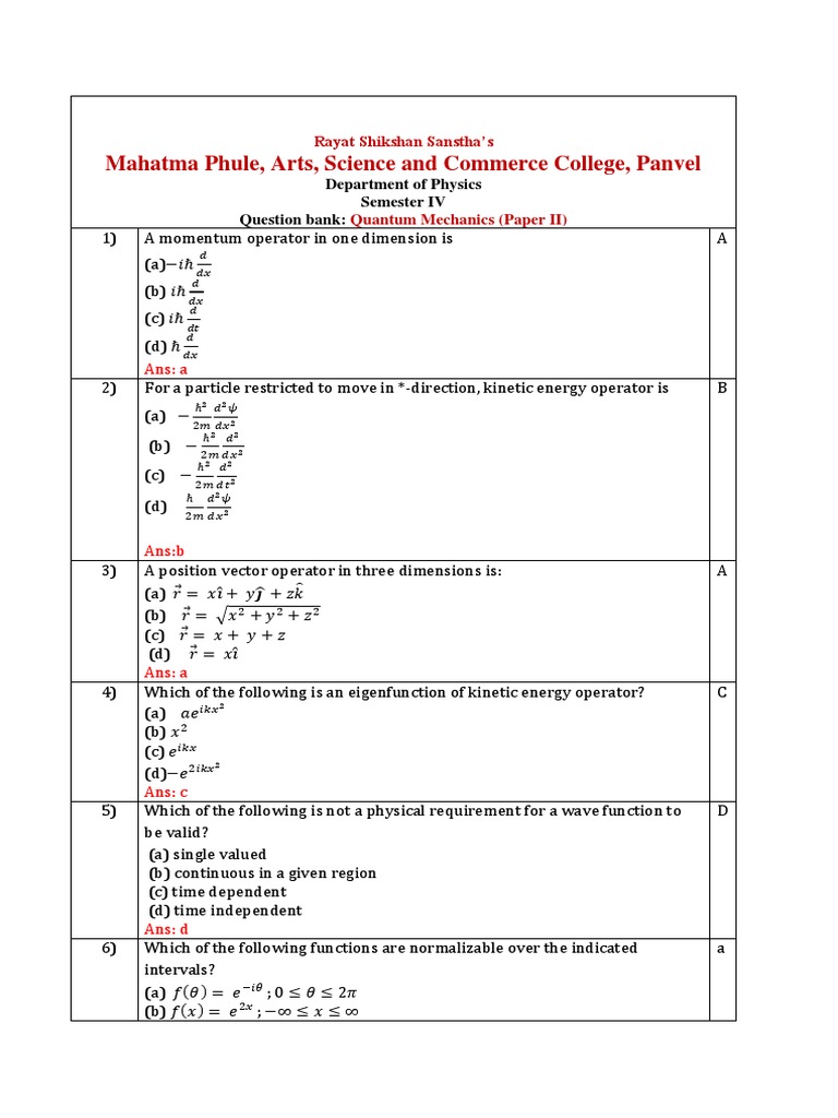 Sybsc Sem IV Paper II | PDF | Wave Function | Electronvolt