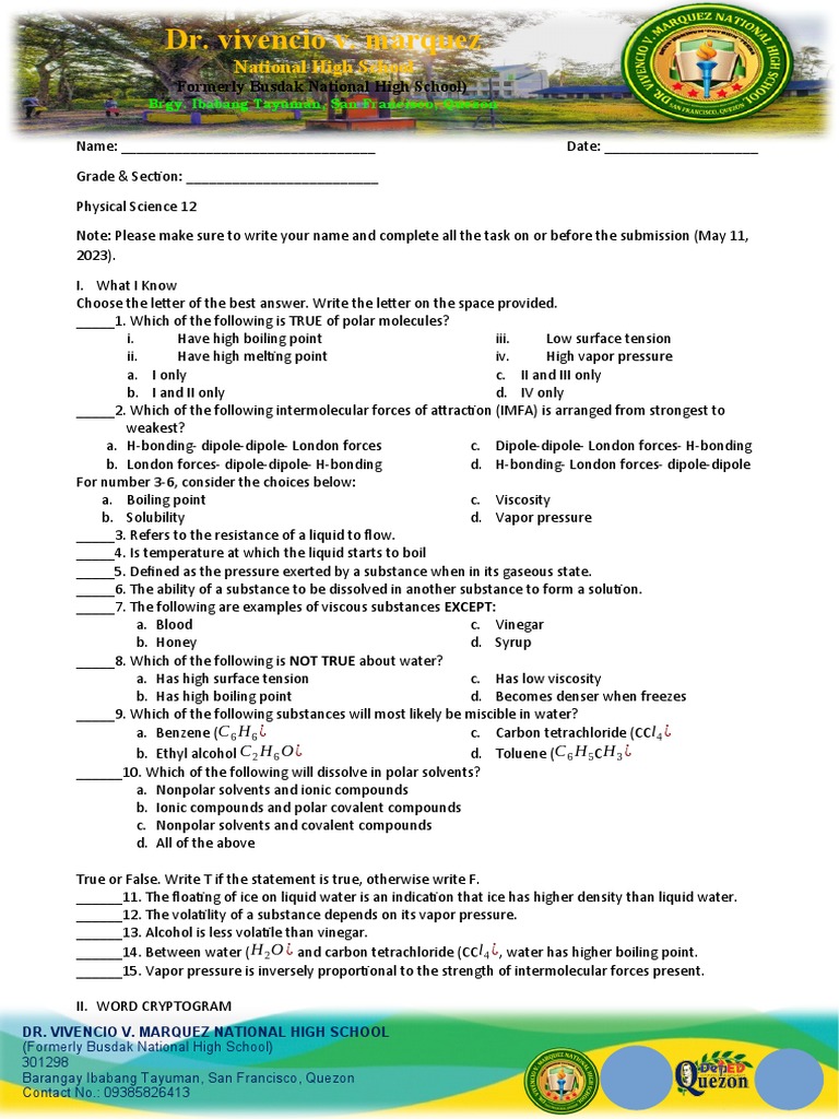 Physical Science 12 Exam Review Guide | PDF | Intermolecular Force | Water