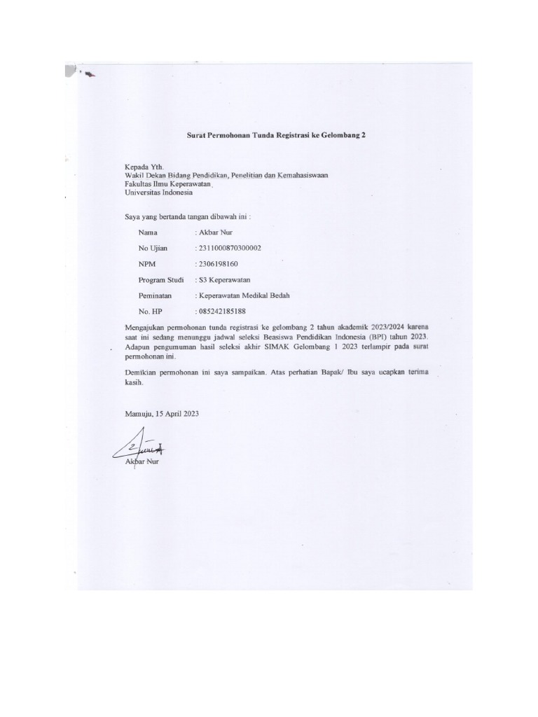 Surat Permohonan Tunda Bayar - Akbar Nur | PDF