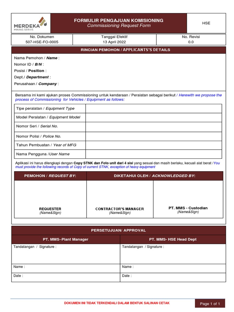 507-HSE-FO-0005 - Commissioning Request Form | PDF