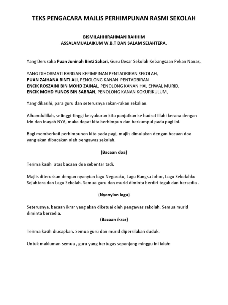 TEKS PENGACARA MAJLIS PERHIMPUNAN RASMI SEKOLAH | PDF