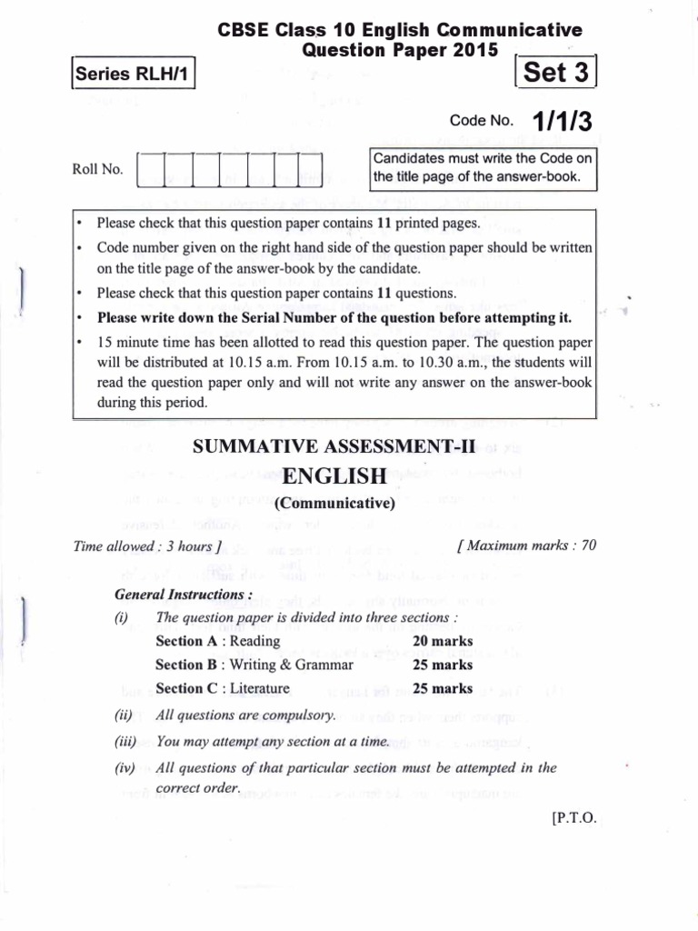 CBSE Class 10 English Communicative Previous Year Question Paper 2015 ...