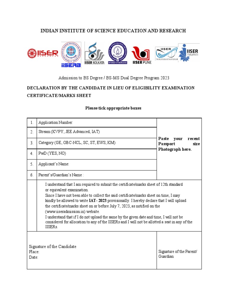 Form Declaration By The Candidate In Lieu Of Eligibility Examination Certificate Pdf