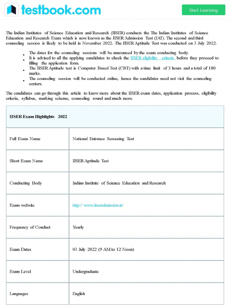 IISER 2022-23exam Info | PDF