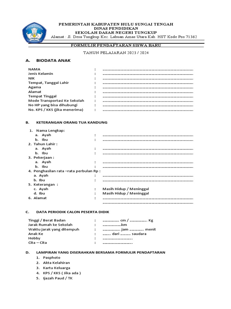 Formulir Pendaftaran Murid Baru | PDF