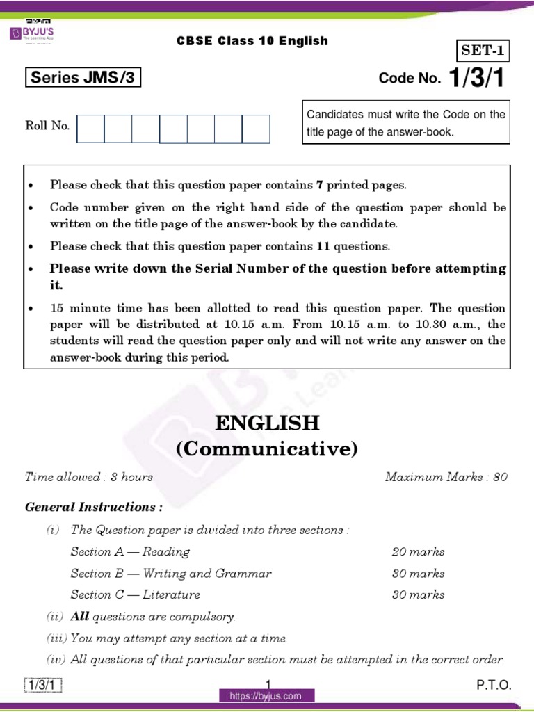 CBSE Class 10 English Communicative Previous Year Question Paper 2019 Set 1 3 1 | PDF