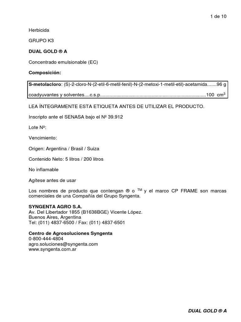 Dual Gold Etiqueta | PDF | Agua | Herbicida