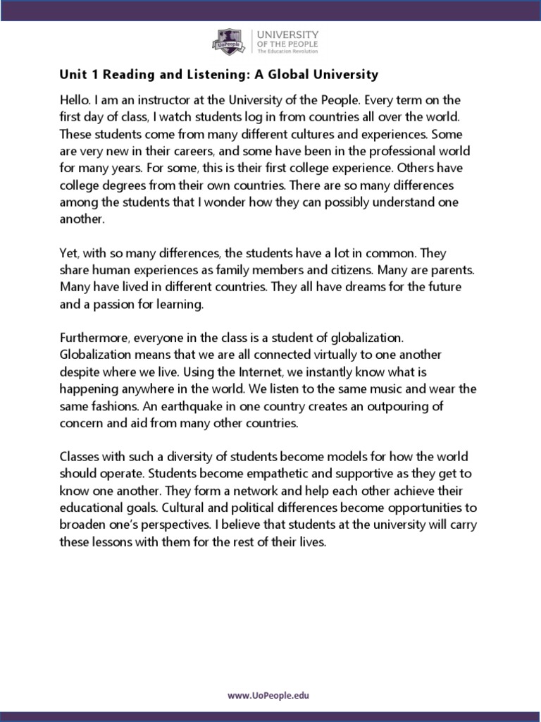 ENGL 0008 U1 Reading and Listening A Global University | PDF | Social Science | Language Arts ...