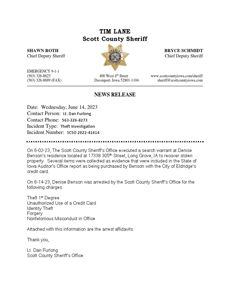 Scott County Sheriff's Office Release RE: Denise Benson | PDF ...