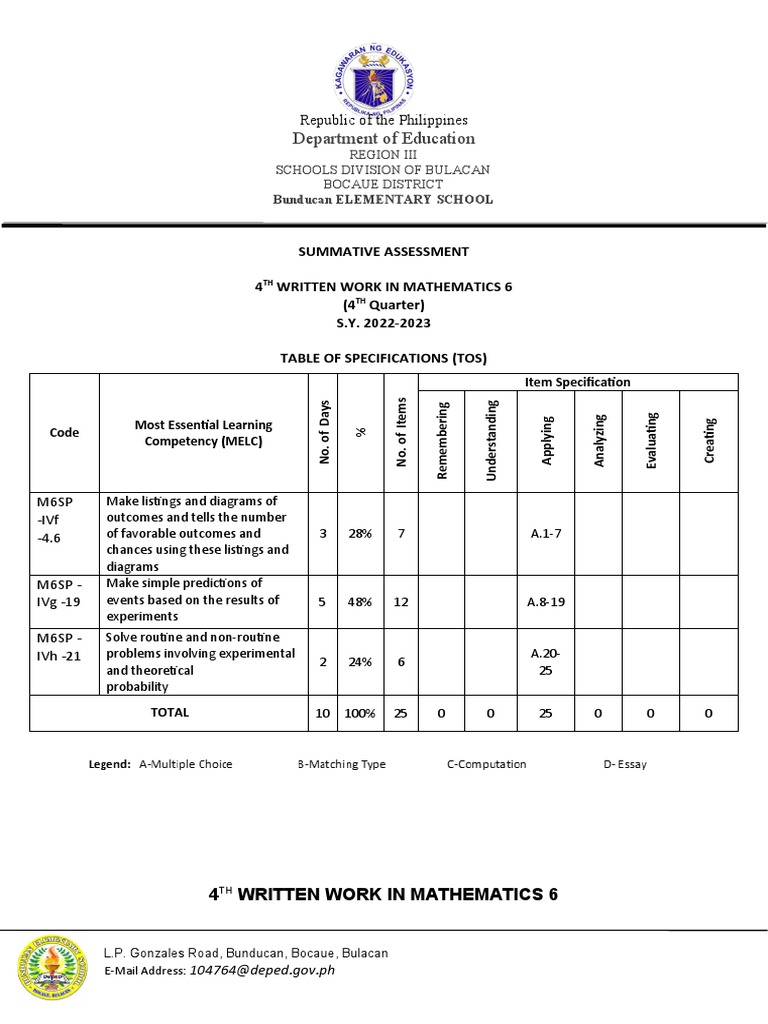 Summative Test Math 4th Quarter 4 WW | PDF