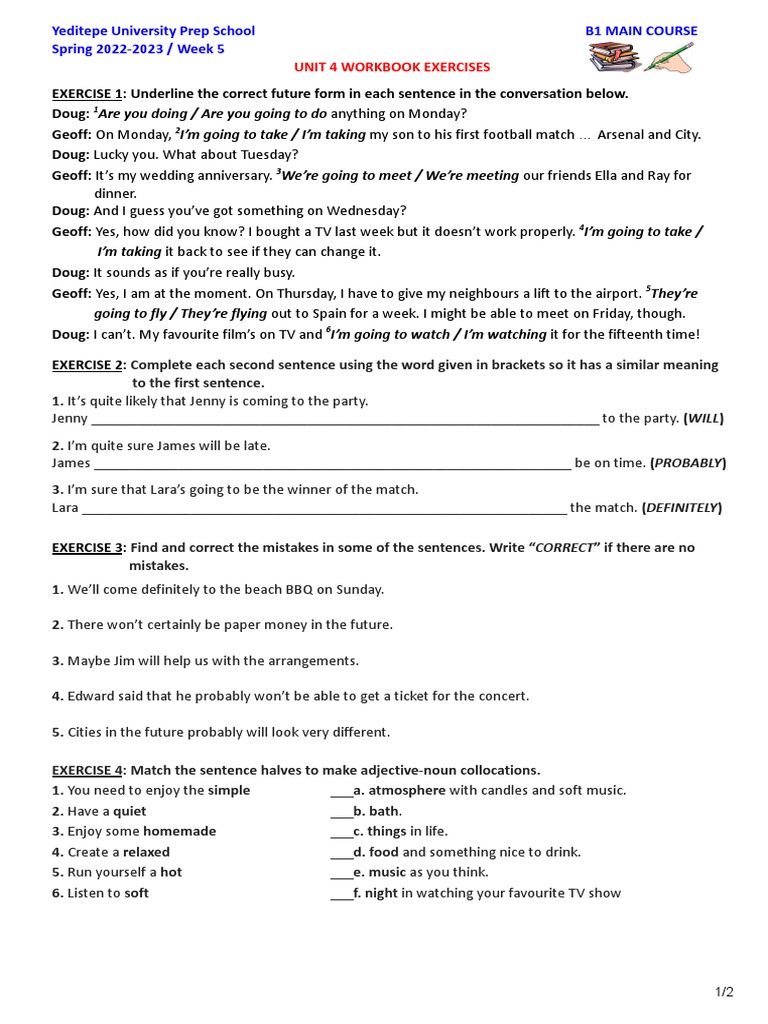 Workbook Exercises Unit 4 - B1 MC 2022-23 Spring | PDF