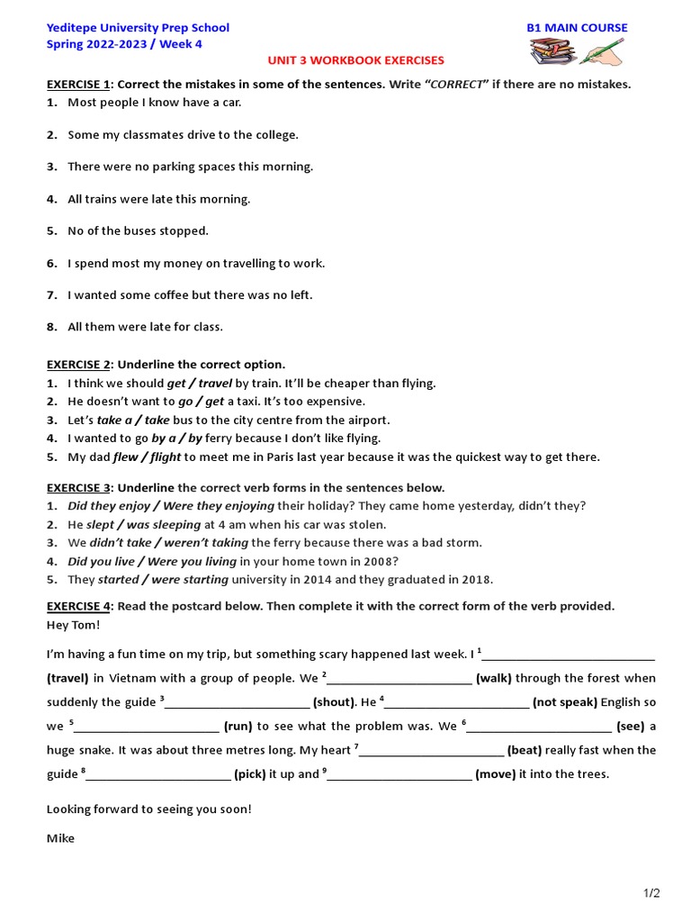 Workbook Exercises Unit 3_B1 MC 2022-23 Spring | PDF