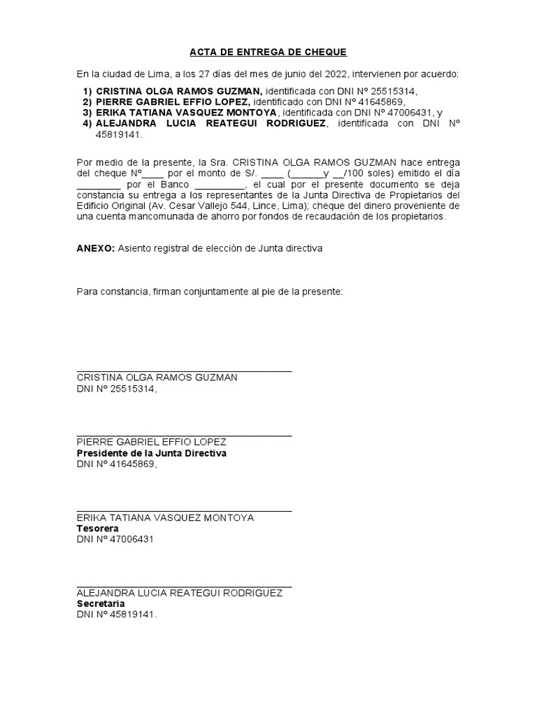 Acta de Entrega de Cheque | PDF