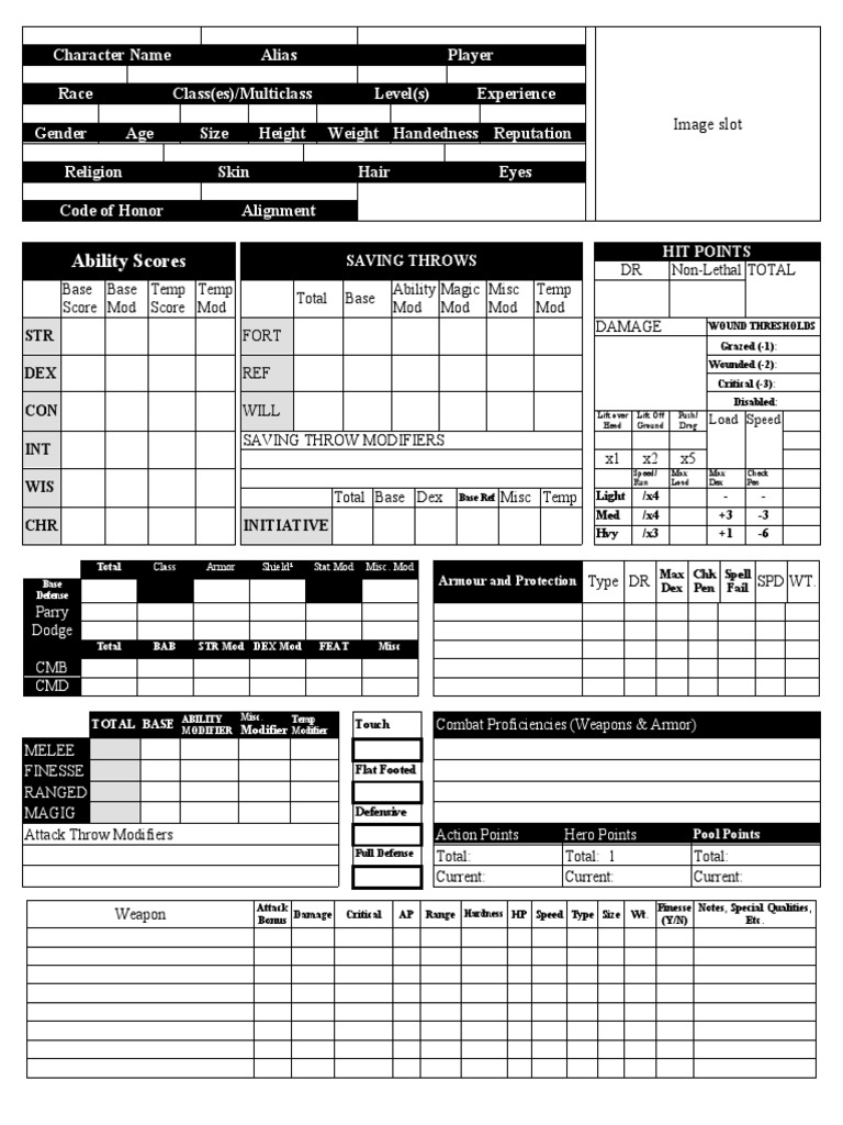 Character One Page Pathfinder -Homebrew | PDF
