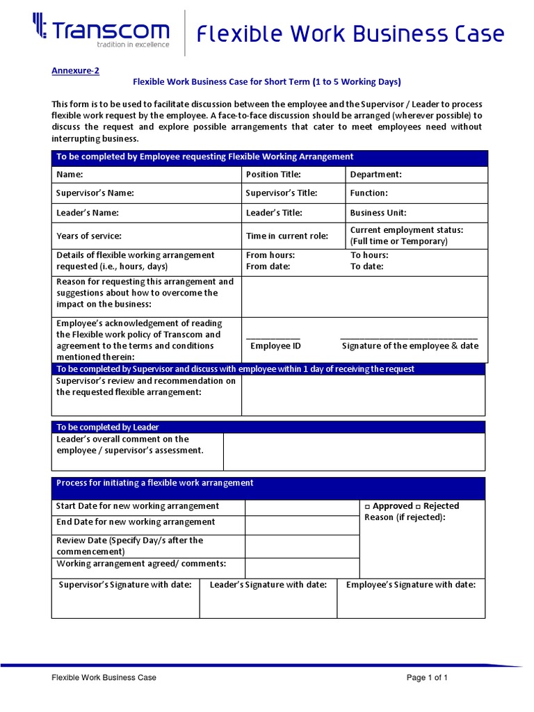 Flexible Work Business Case Form (1-5 Working Days) | PDF