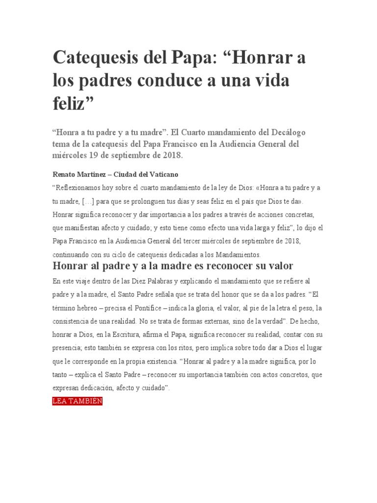 Catequesis Del Papa Sobre El 4to Mandamiento | PDF | Cocina, comidas y ...