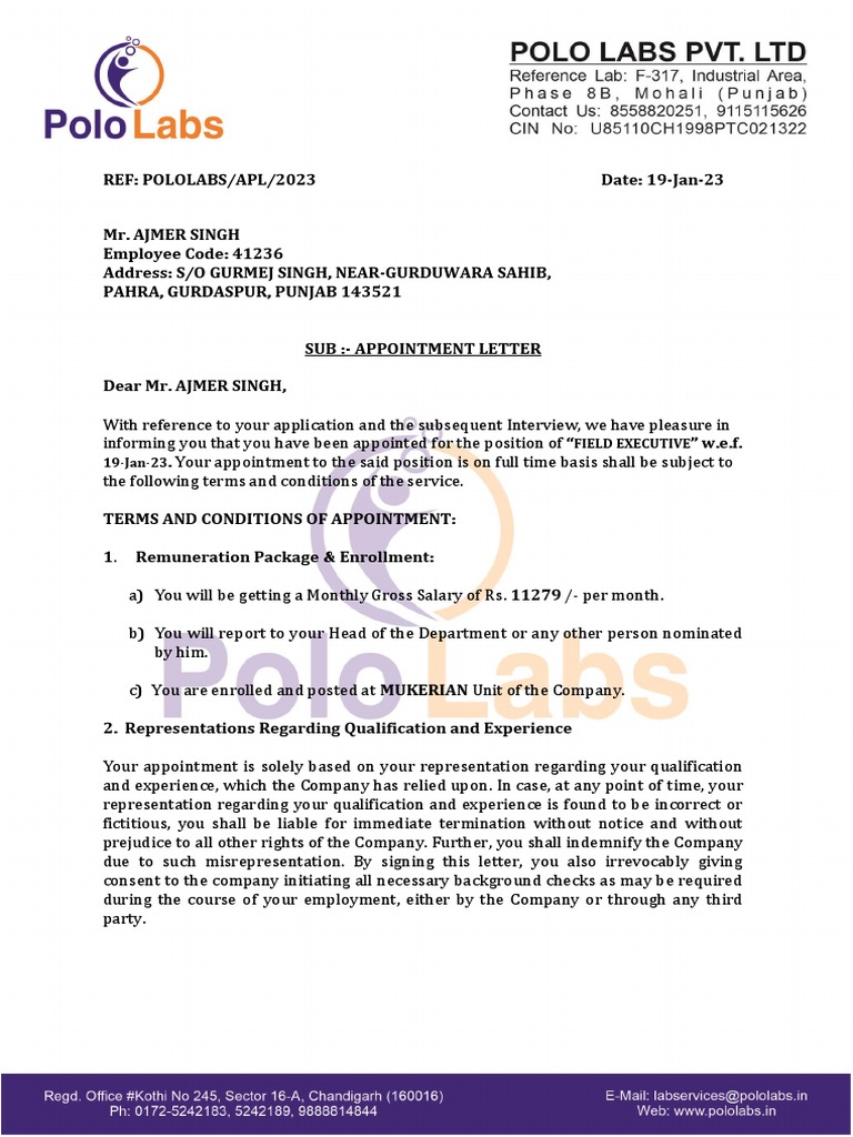 Appointment Letter for Field Executive | PDF | Employment | Confidentiality