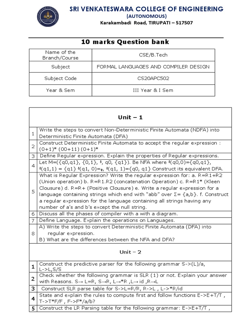 Formal Languages and Compiler Design Questions | PDF | Parsing ...
