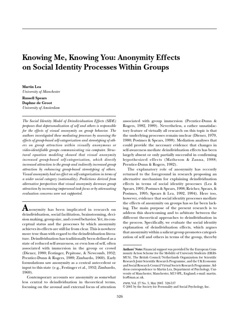 Knowing Me Knowing You Anonymity Effects | PDF | Psychology | Social ...