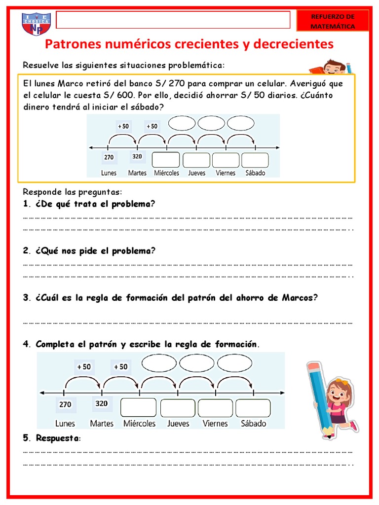 FICHA REFUERZO MATEMATICA 14-06-23 Patrones Numéricos Crecientes y ...