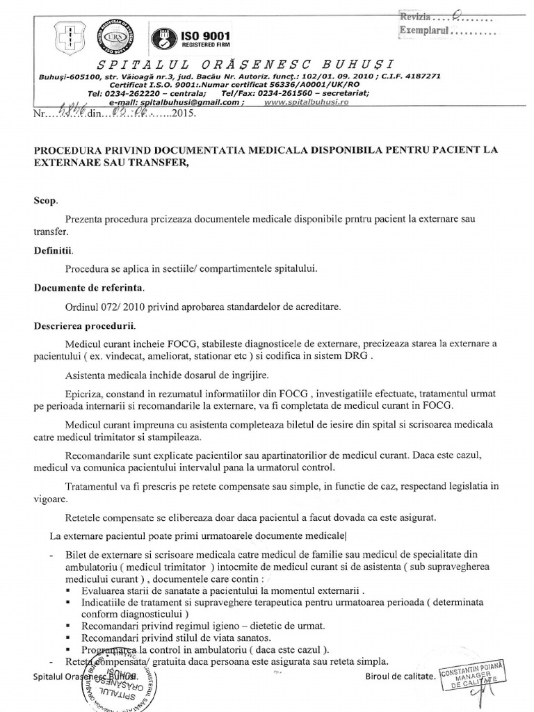 Procedura Privind Documentatia Medicala Disponibila Pentru Pacient La Externare Su Transfer. | PDF