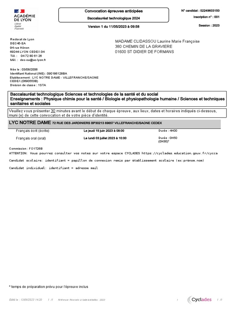 Convocation Bac de Francais Laurine | PDF