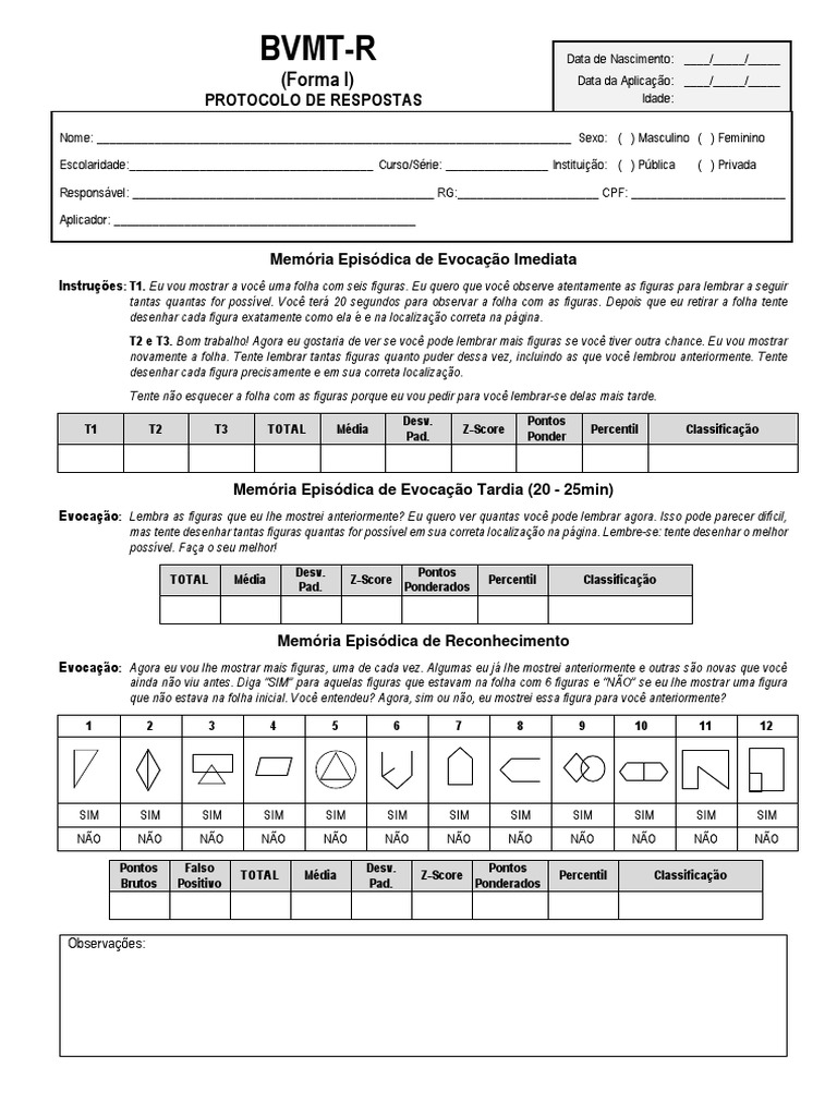 BVMT-R - Protocolo de Respostas | PDF