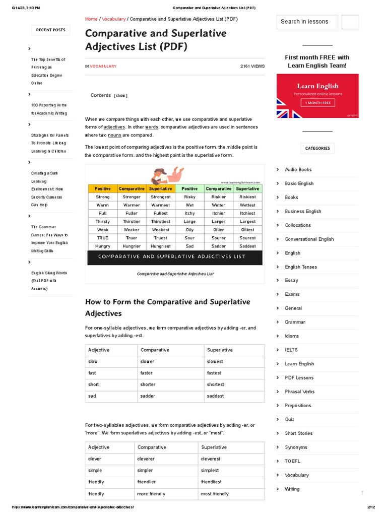 Comparative and Superlative Adjectives List | PDF | English Language ...