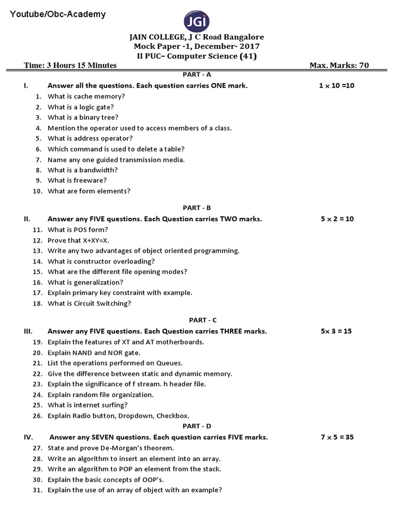 II PUC Computer Science Mock Papers | PDF