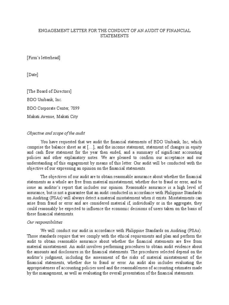 BDO Audit Engagement Letter | PDF | Audit | Financial Audit