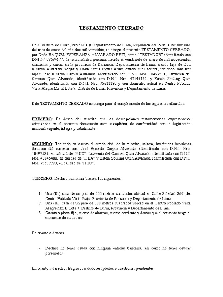 Modelo de Testamento de Raquel Alvarado | PDF