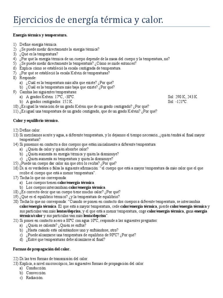 11. Ejercicios energía térmica y calor | PDF | Temperatura | Calor