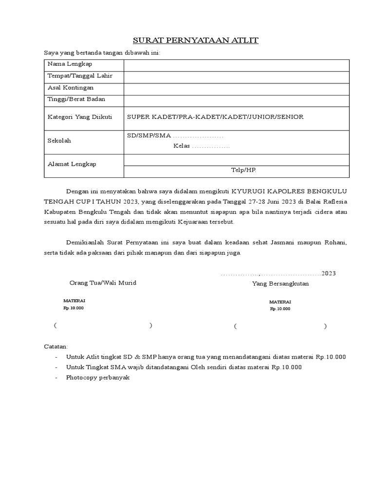 Surat Pernyataan Atlit | PDF