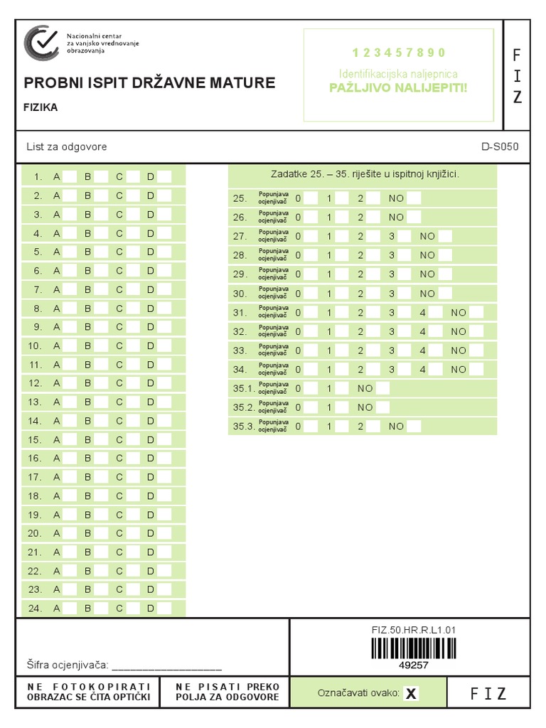 Probni Ispit Državne Mature: Identifikacijska Naljepnica | PDF