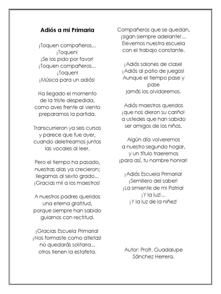 Adiós A Mi Primaria. Poesia Mily | PDF Adiós A Mi Primaria. Poesia Mily | PDF