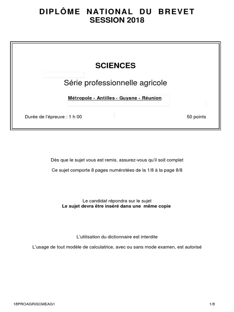 DNB 2018 Physique Chimie Metropole Serie Professionnelle Agricole | PDF