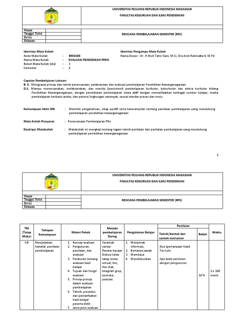 Rps Evaluasi Pendidikan PKN Upri | PDF
