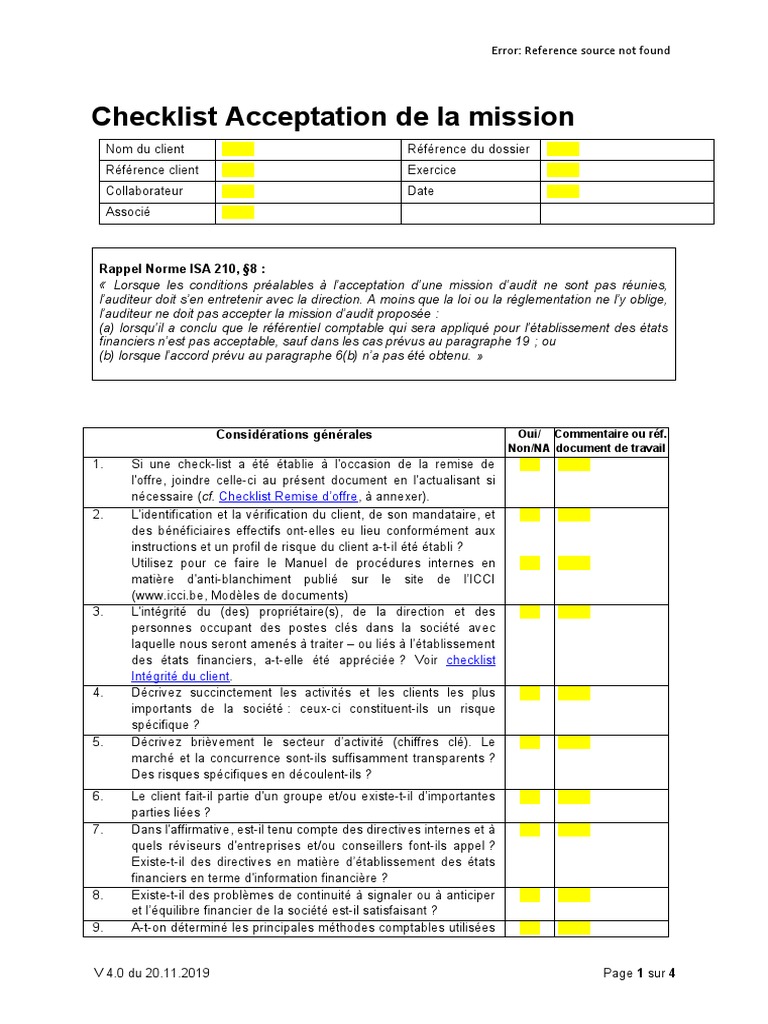Checklist Acceptation Mission Audit | PDF | Évolution de carrière | Affaires