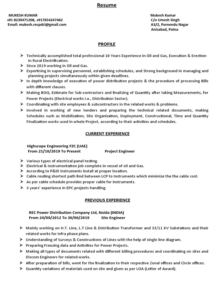Cv_Mukesh Kumar (Electrical & Instrumentation Engineer) | PDF ...