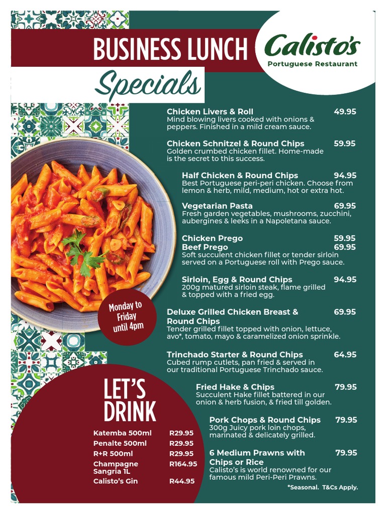 Calistos Business Lunch Specials Menu | PDF