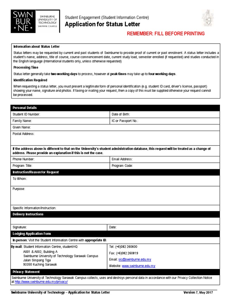 Swinburne Status Letter Application Guide | PDF | Identity Document | Mail