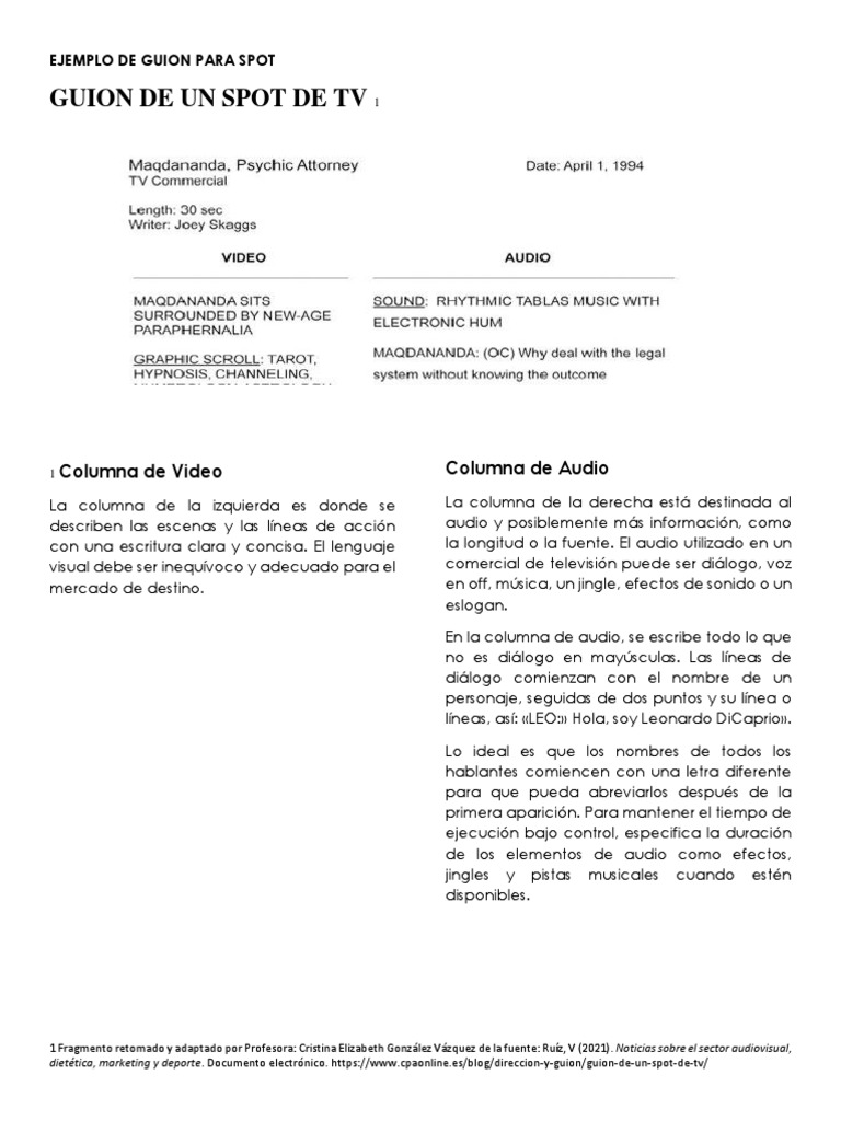 EJEMPLO DE GUION PARA SPOT | PDF