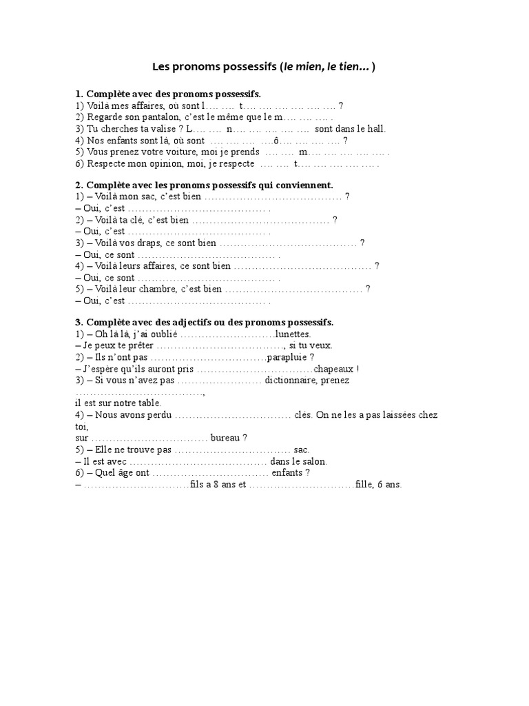 Exercices sur les pronoms possessifs | PDF | Arts du langage et ...